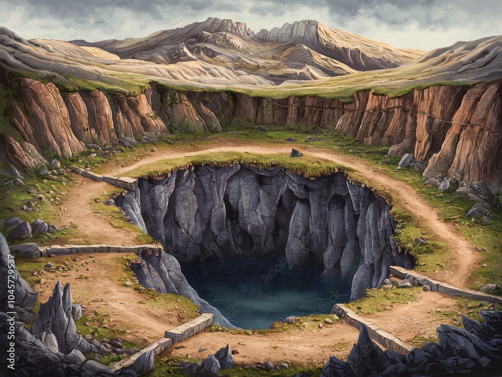 DnD Battlemap: Mysterious Sinkhole in Mountainous Terrain with Winding ...
