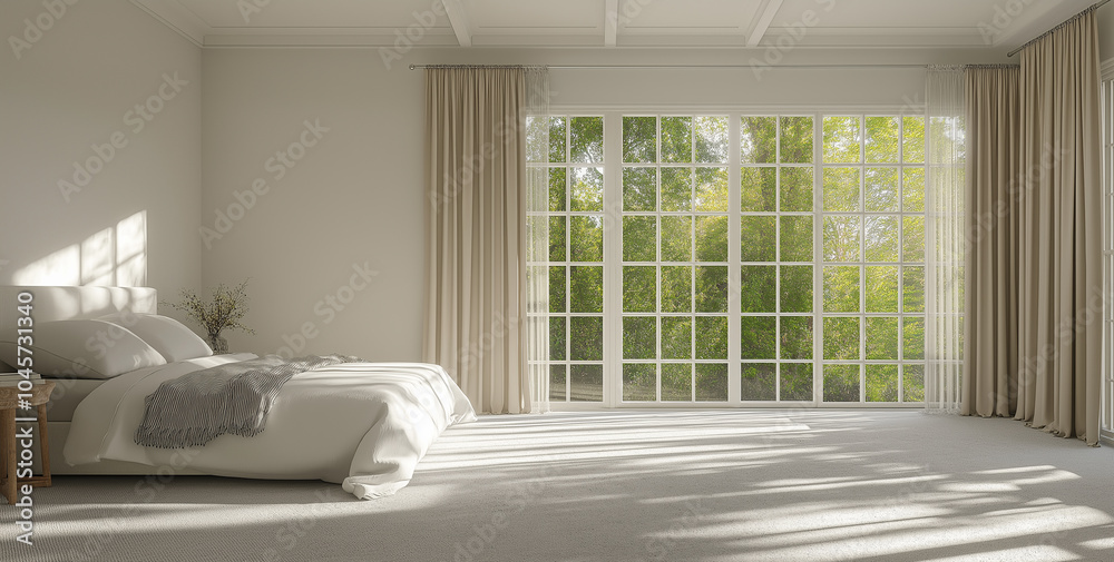 Minimalist modern bedroom interior with large windows, neutral tones ...