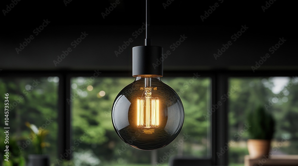 A single, large, round, filament light bulb hangs from a black cord in ...