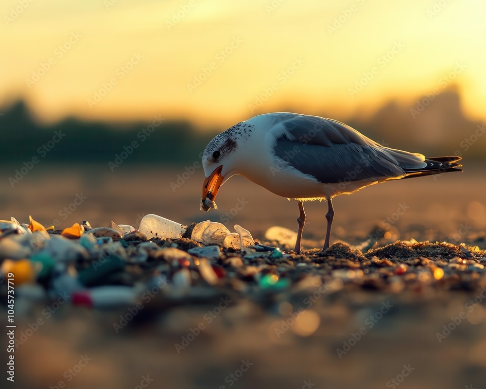 Seabird scavenging for food among microplastics and plastic debris on a ...