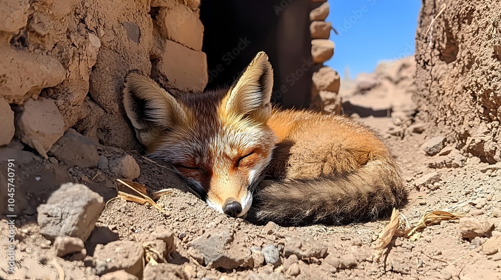 Emaciated and vulnerable fox curled up in solitude near an abandoned ...