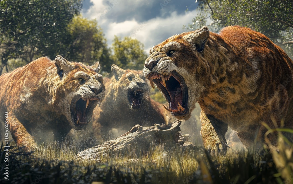 A pride of Smilodon, the fearsome saber-toothed cats, stand united and ...