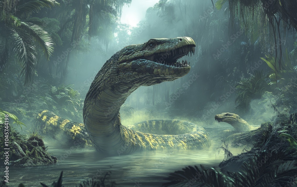 Two enormous Titanoboa snakes engage in a fierce, ritualistic ...