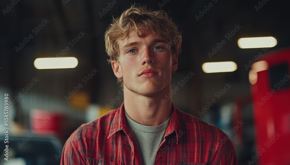 Confident male auto mechanic working on a car in a bustling garage ...