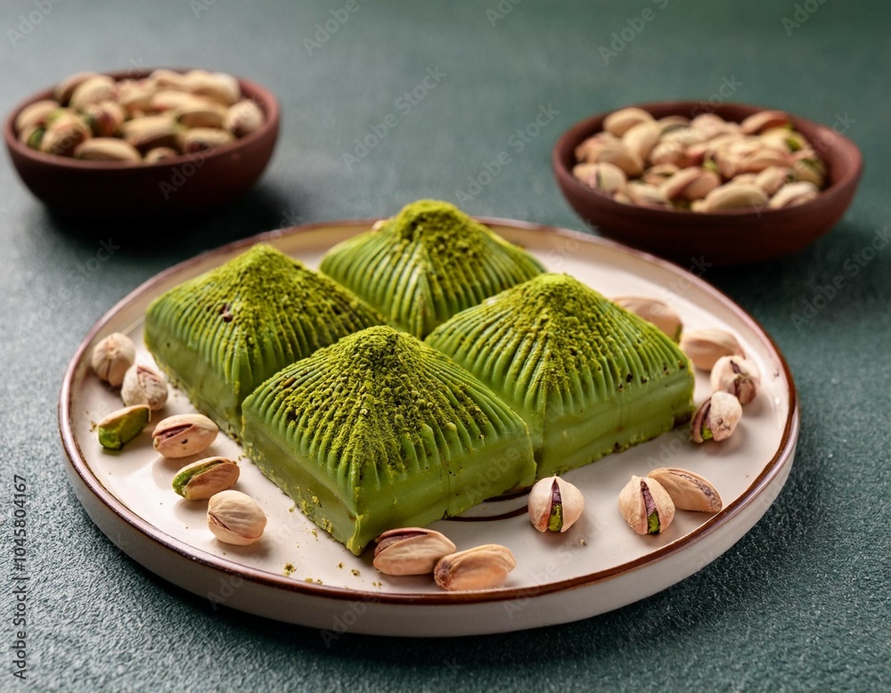 dubai chocolate bar with green kadayif and pistachio spread with ...