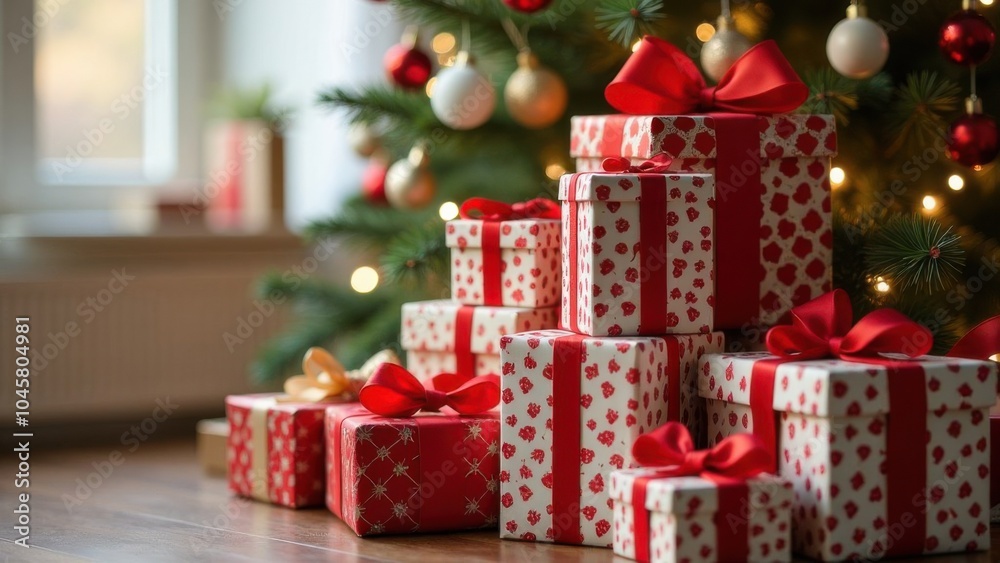 Festively wrapped holiday gifts piled near a decorated Christmas tree ...