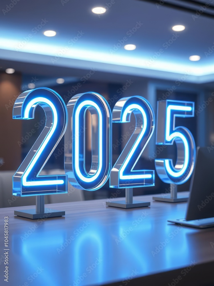 Futuristic glowing neon 2025 sign, blue holographic numbers, reflective ...