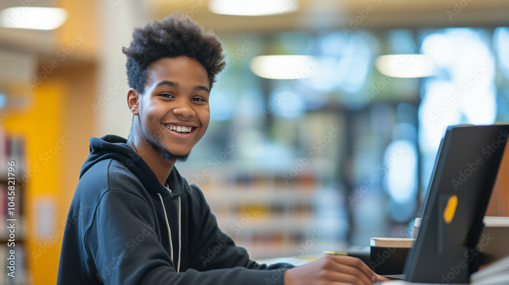 High school student happily working on a laptop at a local library in ...