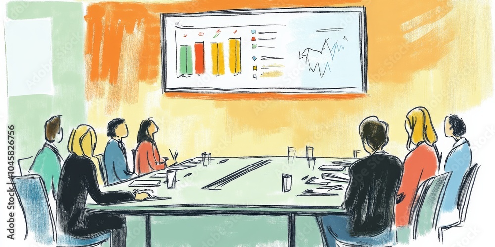 A simple drawing shows a board meeting. People sit around a table, with ...