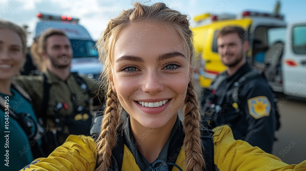 Smiling female paramedic with braided hair snapping a selfie with her ...