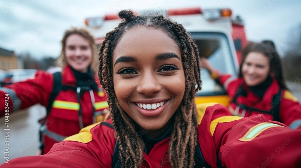 Smiling female paramedic with braided hair snapping a selfie with her ...