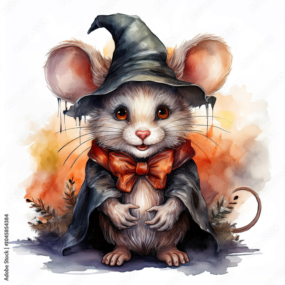 Watercolor illustration of rat disguised as a wizard on white ...