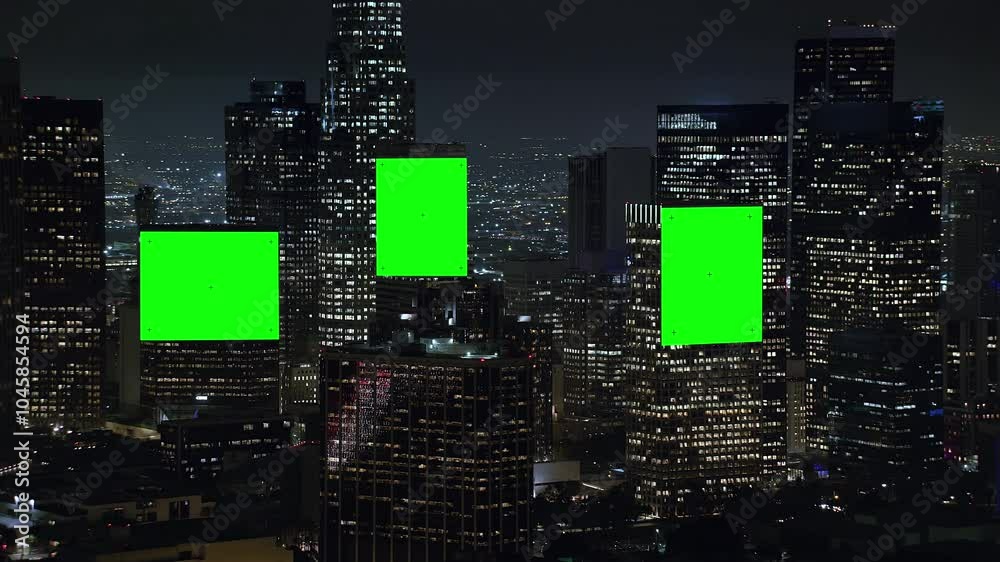 Aerial Night View Of Los Angeles Showing Skyscrapers With Green Screens ...
