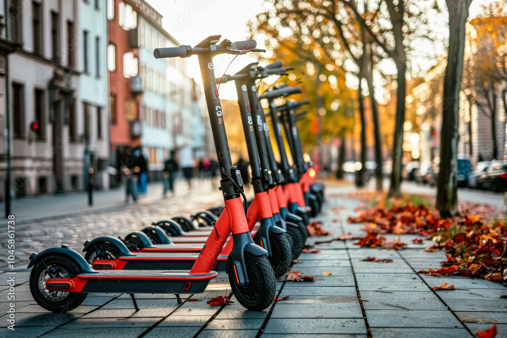 Row of red scooters are parked on a sidewalk. The scooters are lined up ...