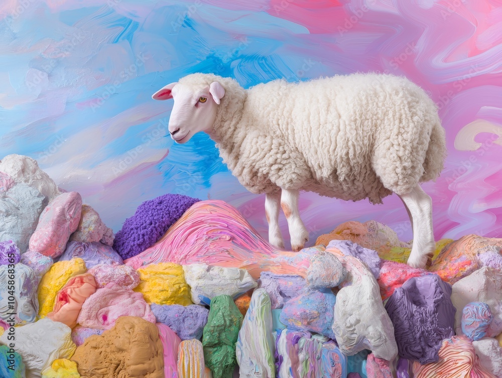 Southdown sheep jumping and grazing, layered over a studio background ...