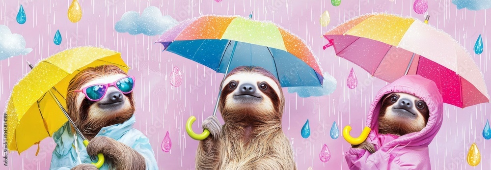 A mix of playful sloths using umbrellas, with a studio backdrop filled ...