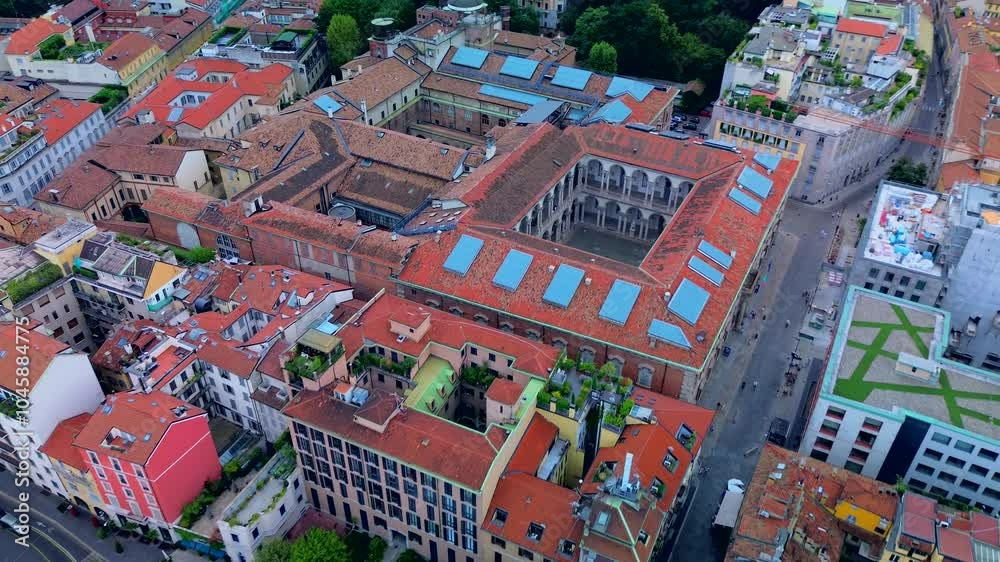 Aerial view of the rooftops of the Brera Pinacoteca and the domes of ...