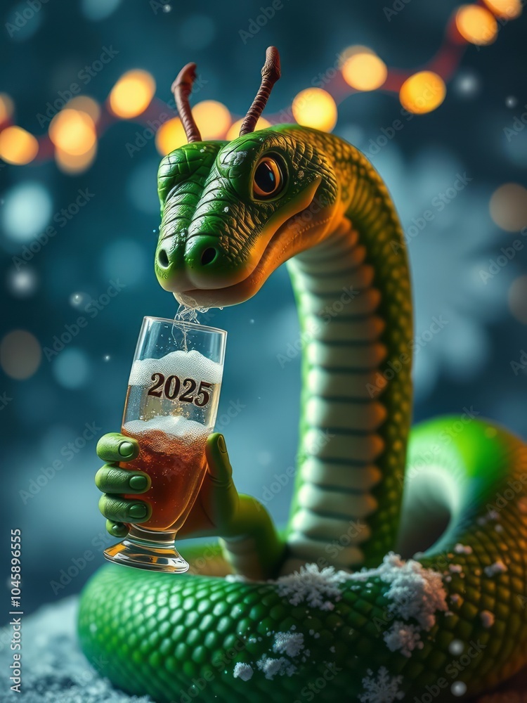 Whimsical green snake creature, holding beer mug, intricate scales, big ...