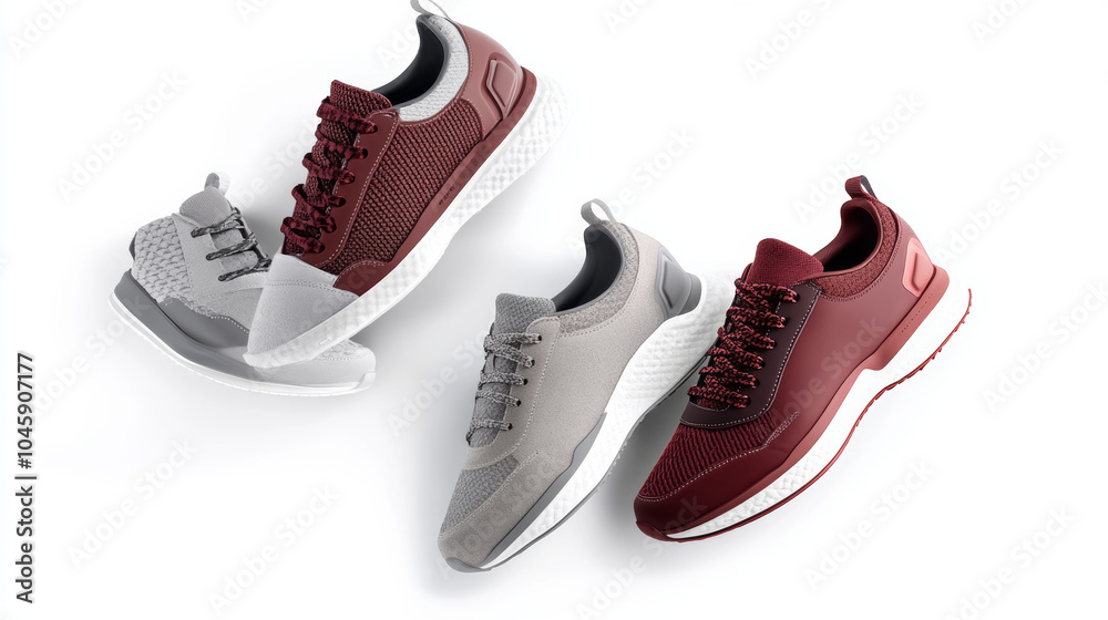 Two pairs of sneakers in different colors – gray,red, and maroon – are ...
