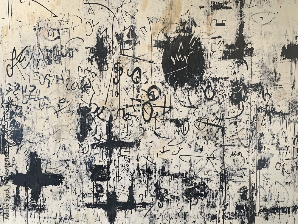 Celestial-style writing and scribbles on a textured wall, blending ...