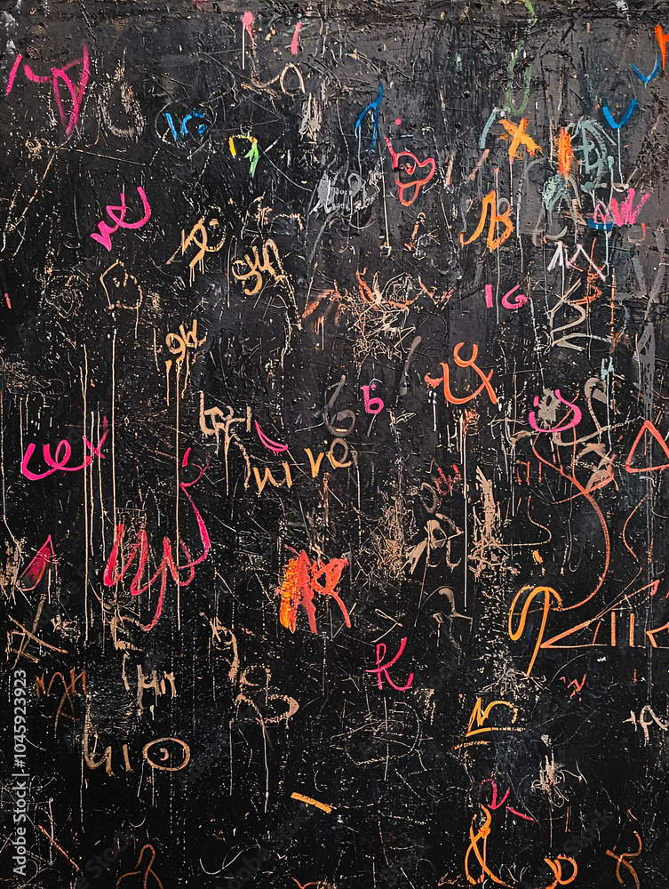 Celestial-style writing and scribbles on a textured wall, blending ...