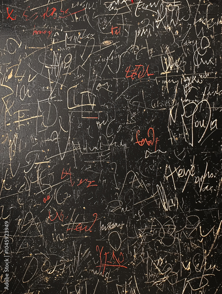 Celestial-style writing and scribbles on a textured wall, blending ...