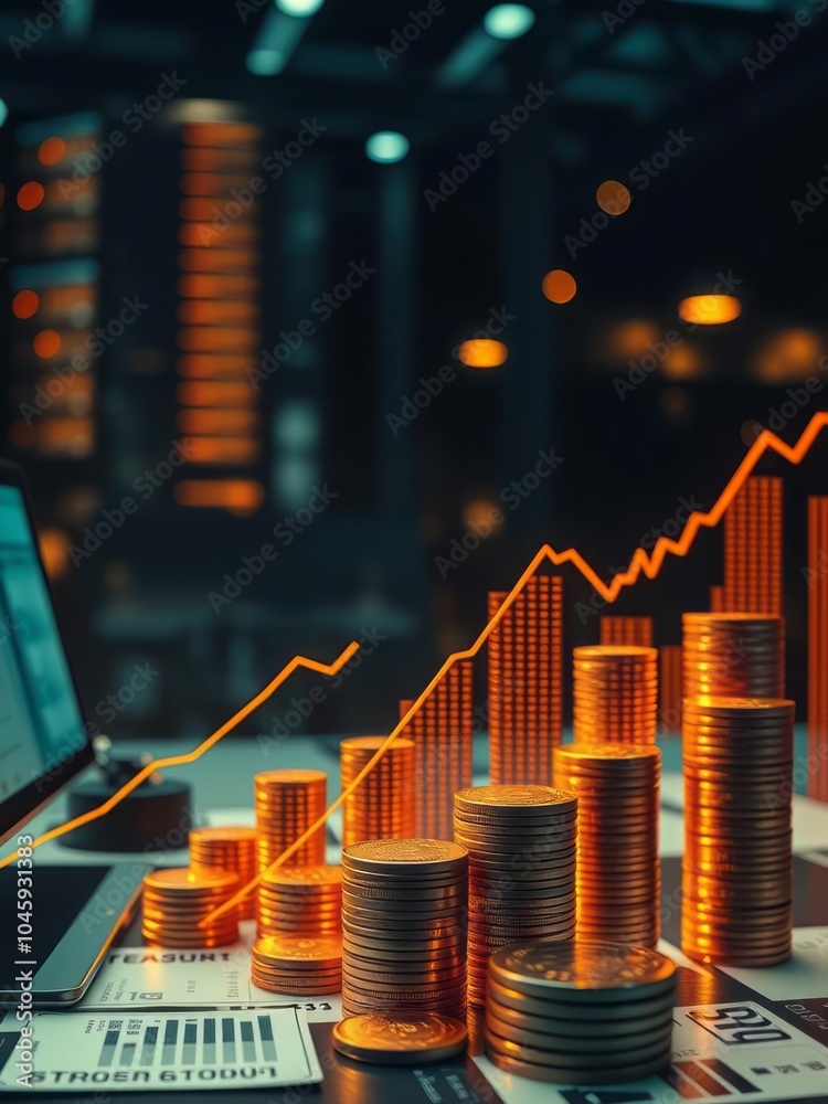 ภาพประกอบสต็อก Financial data visualization, glowing orange line graph ...