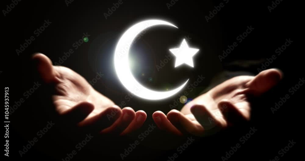 Islam, icon and hands of person with hologram for creative design ...
