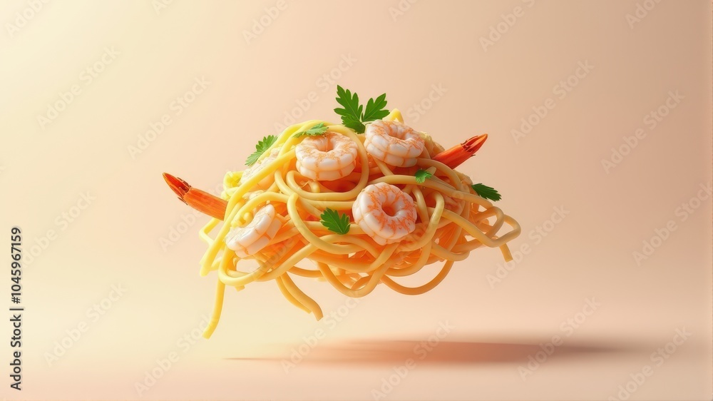 Floating spaghetti with shrimp and parsley is captured against a ...