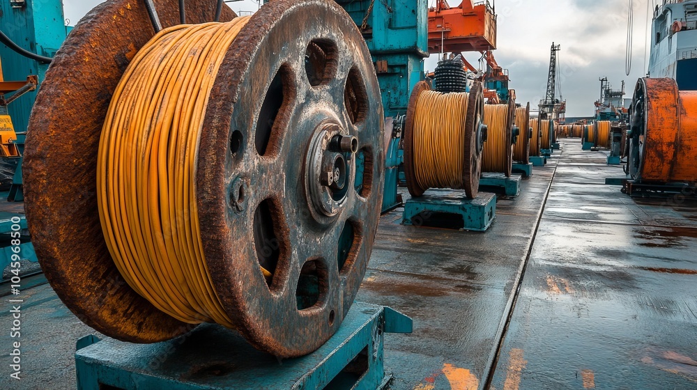 A bulk subsea glass fiber optic cable on a metal spool mounted on ship ...