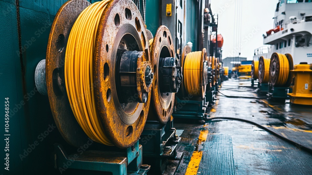 A bulk subsea glass fiber optic cable on a metal spool mounted on ship ...
