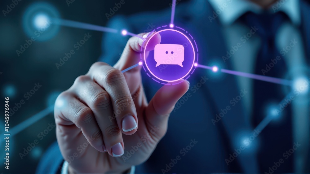 A hand in a suit interacts with a glowing digital chat icon ...