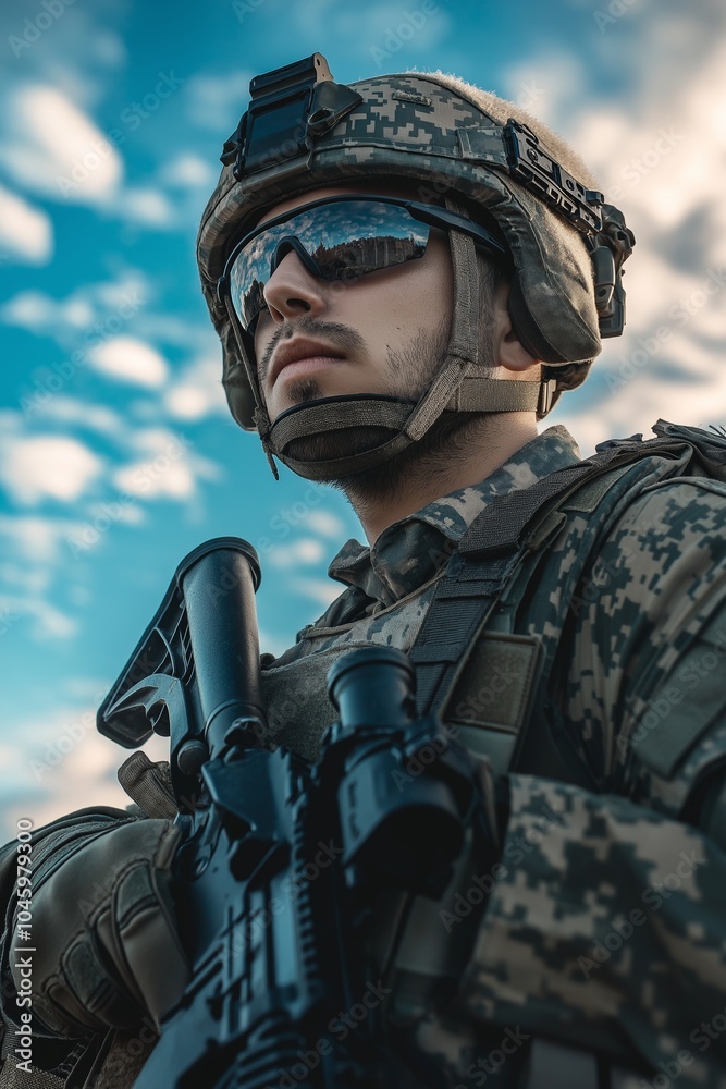 A soldier stands tall under a vibrant blue sky, firmly gripping his ...