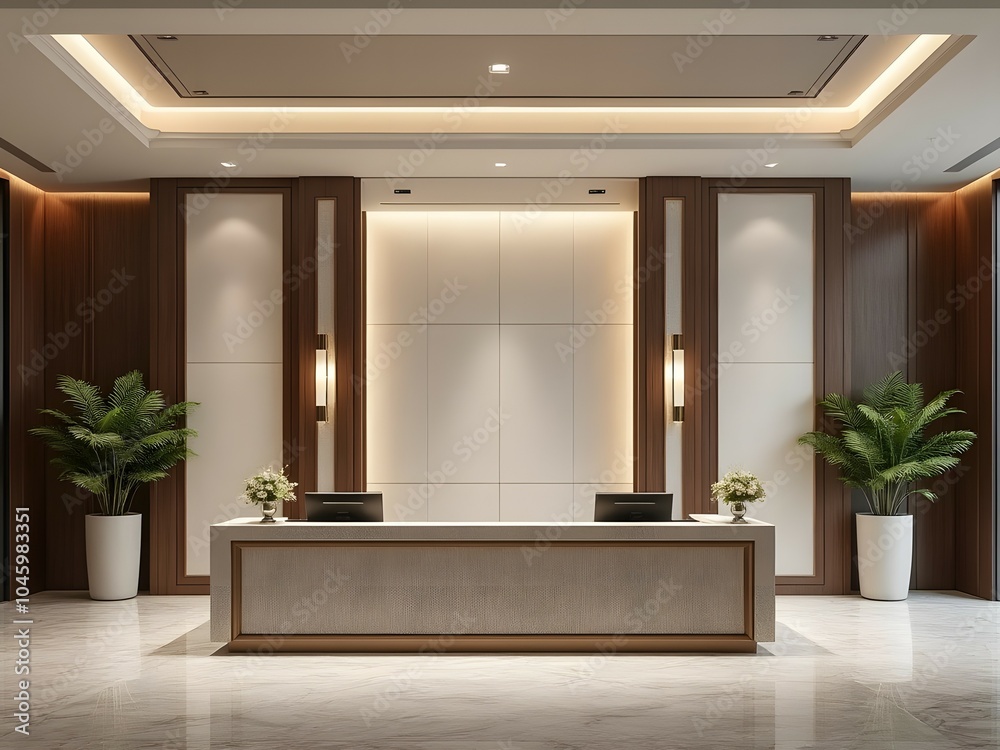 Interior design of high-end hotel lobby. Registration desk square ...