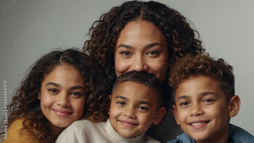 Happy single mom of a mixed race hugging her 3 kids, single parenting ...