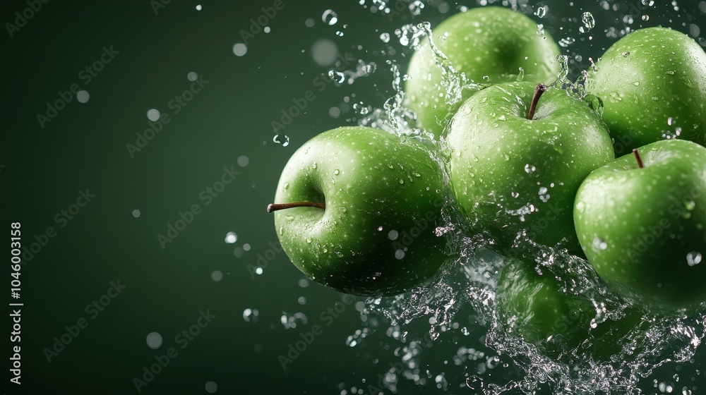 Five fresh green apples are captured mid-splash as water droplets ...