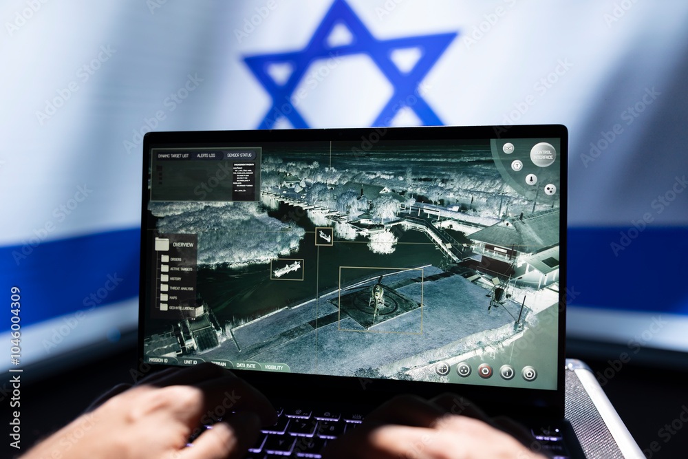 Israeli military personnel working on laptop, analyzing aerial ...