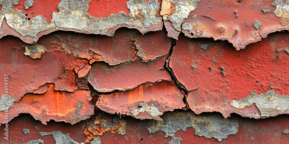 Heavily rusted metal surface with flaking red paint, deep corrosion ...