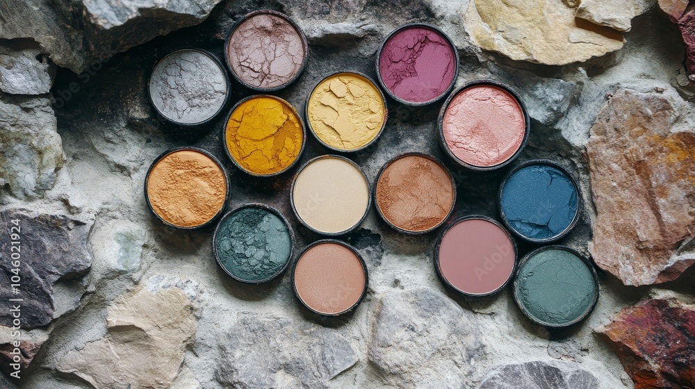Aerial view of crushed earth-toned eyeshadow pans on a stone background ...