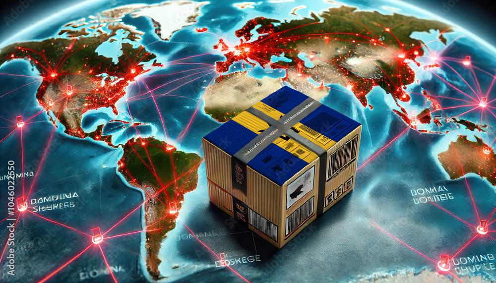 A package wrapped in the Barbados flag rests on a vibrant map of the ...