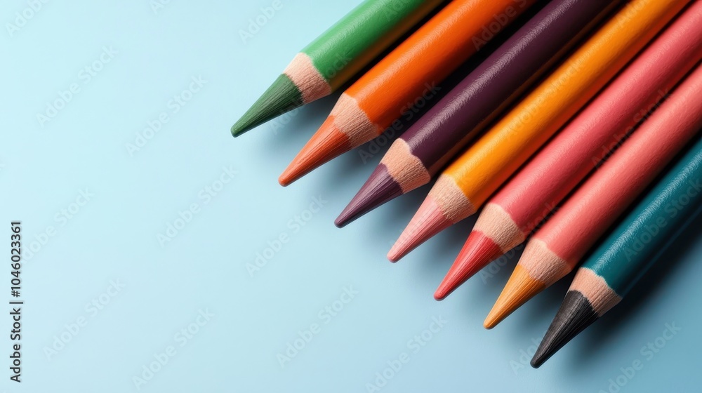 A collection of vibrant colored pencils arranged neatly against a light ...