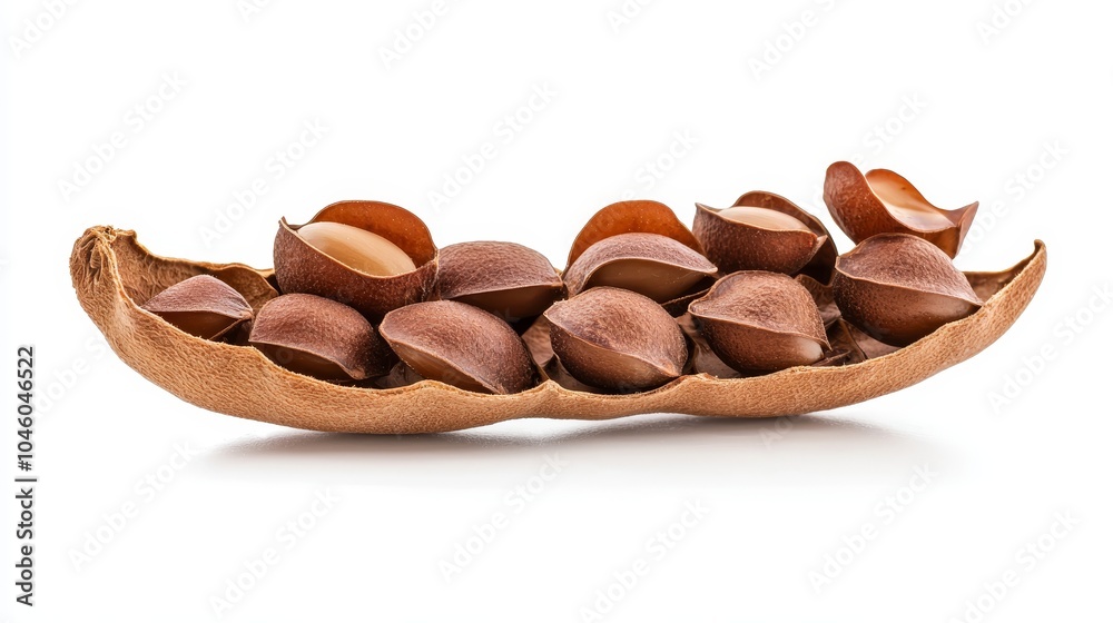 Macro view of tamarind pods, cracked open to reveal seeds, isolated on ...