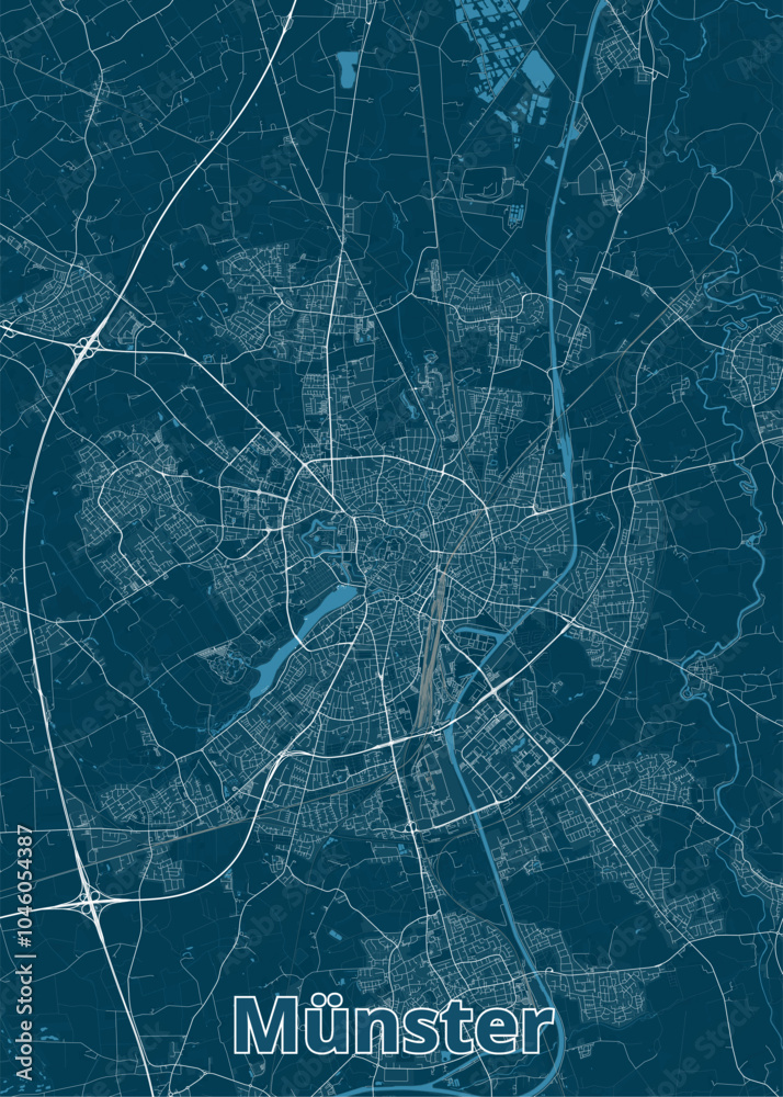 Map of Münster, Germany, rendered in a minimalist style. The map is ...