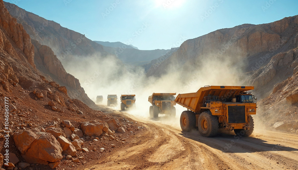 A fleet of yellow mining trucks operates in an open-pit mine ...