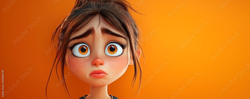 Worried cartoon woman with oversized eyes, pouting with a forlorn ...