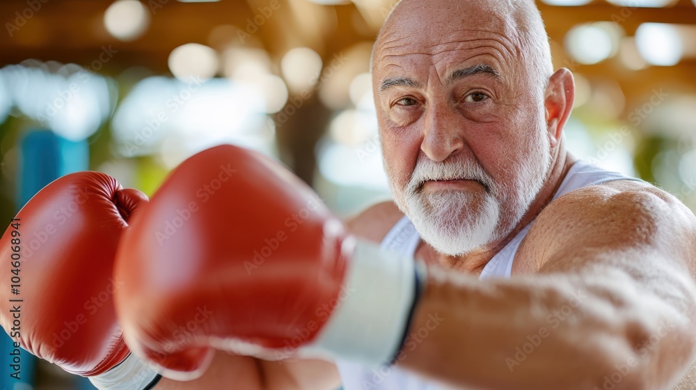 An elderly, experienced boxer wearing red gloves is captured mid-punch ...