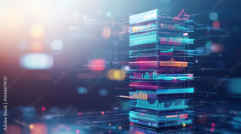 Crystal columns holding layers of big data charts, side view ...