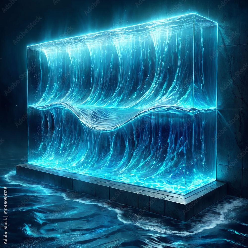 A glass cube filled with glowing blue water waves sits on a stone ...