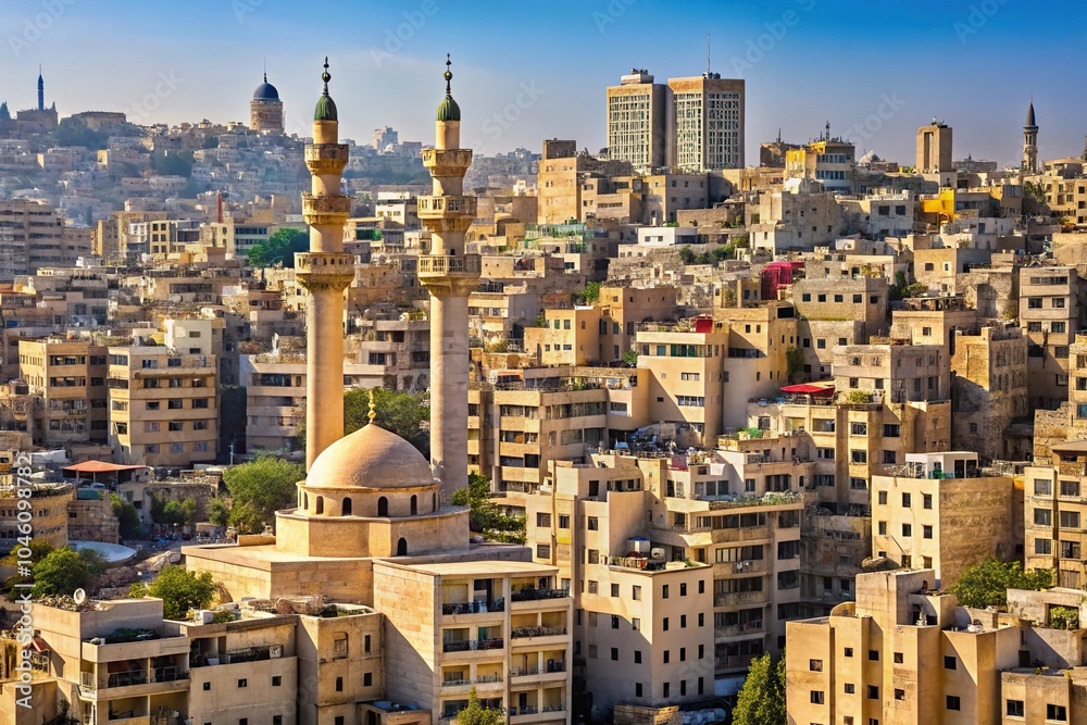 Symmetrical skyline of Amman towers, buildings, houses, and mosque ...