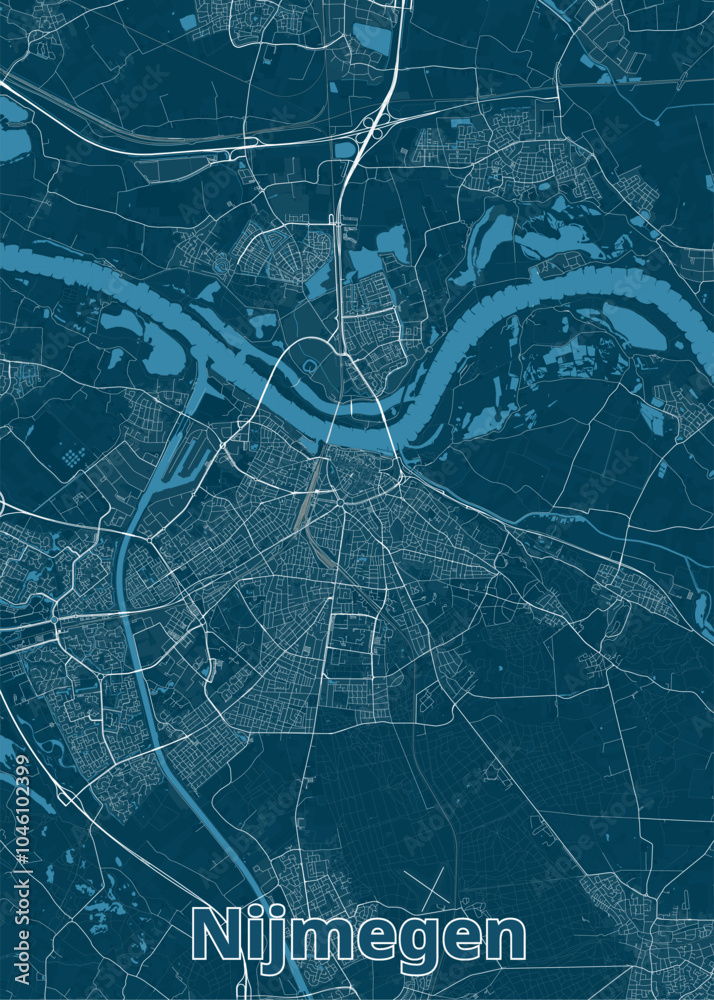 Map of Nijmegen, a city in the Netherlands. The map is rendered in a ...